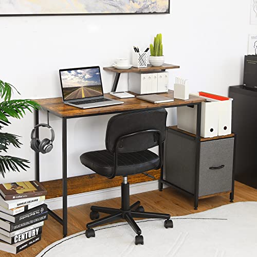 Tangkula Computer Desk with Reversible Fabric Drawer & Moveable Shelf, Industrial Style Study Writing Desk, Large PC Laptop Desk w/Hook, Home Office Computer Workstation (Black & Rustic Brown)