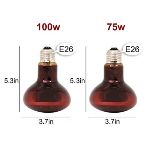 Protover Infrared Reptile Heat Lamp Bulb, 75 Watt Basking Spot Light, Red Heat Lamp Bulb for Reptiles and Amphibian Chicks, Dog Heating Use, 2Packs