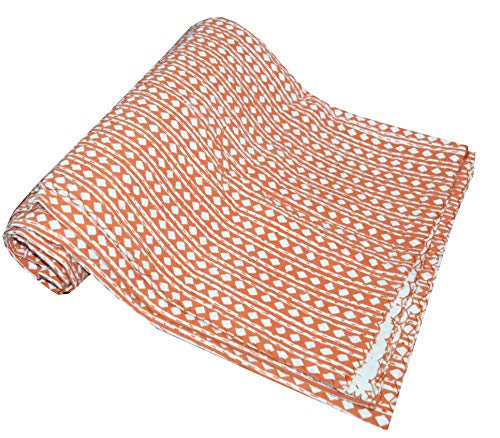 MAVISS HOMES Indian Block Print Quilt Kantha Quilts Queen Size Kantha Throw Quilt Blanket Kantha Bedspreas Pure Cotton Quilt (Twin 90 X 60 Inch, Orange)