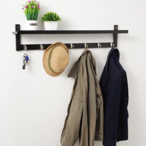 YourWoodStore Wall Mounted Coat Rack with Shelf, Floating Shelf, Black, Wooden, 7 Alloy Hooks, 35 Inch, Supports Conventional Stud Spacing(32Inch), Entryway Organizer, Key Holder