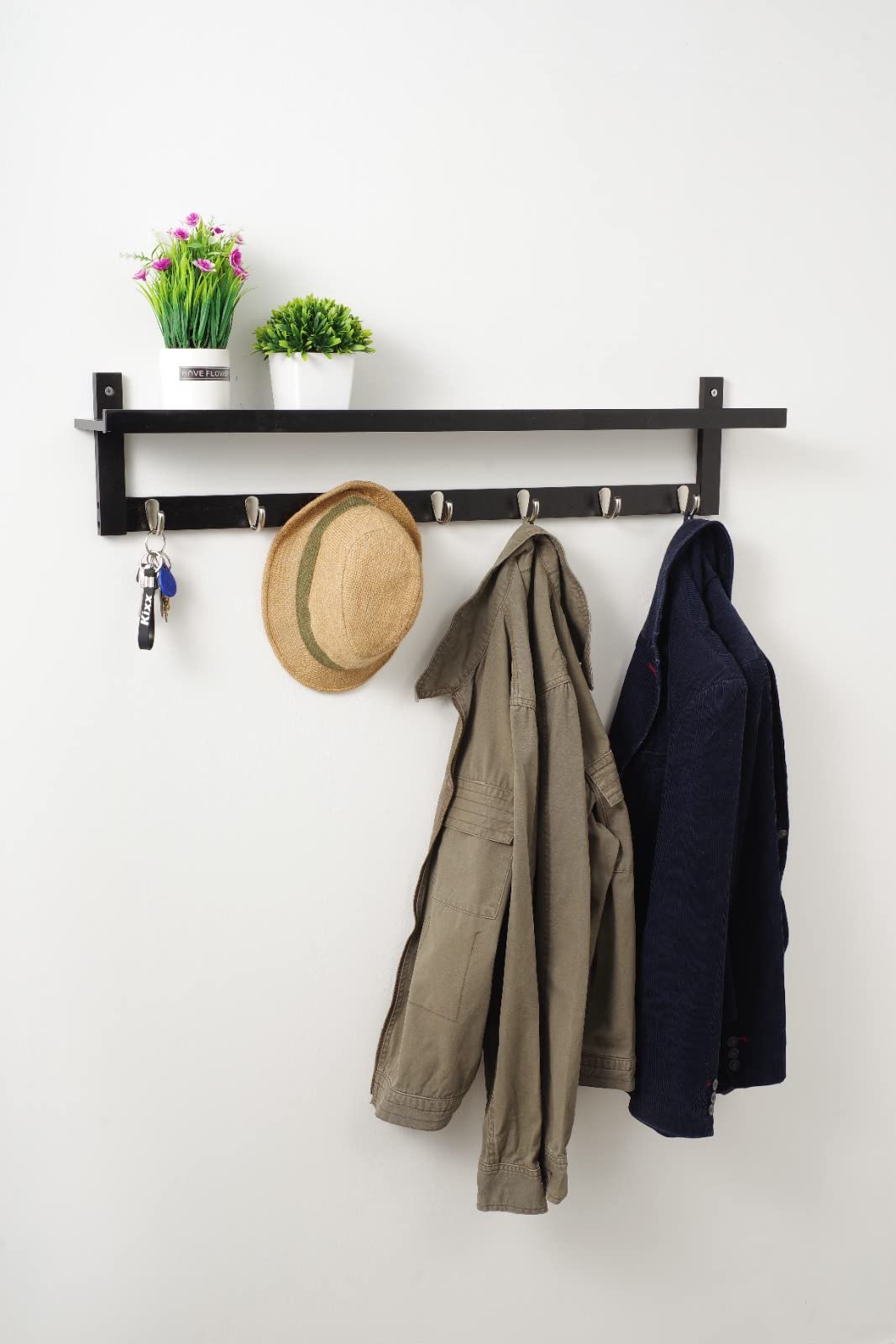 YourWoodStore Wall Mounted Coat Rack with Shelf, Floating Shelf, Black, Wooden, 7 Alloy Hooks, 35 Inch, Supports Conventional Stud Spacing(32Inch), Entryway Organizer, Key Holder