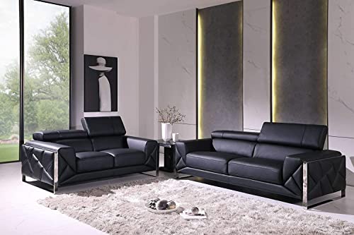 Blackjack Furniture Gianni Mid Century Modern Italian Leather Living Room Sofa, Black