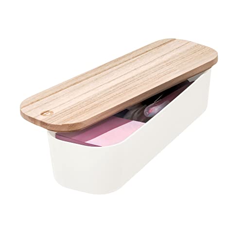 iDesign Recycled Plastic Compact Drawer Organizer Bin with Paulownia Wood Lid, Large, Coconut