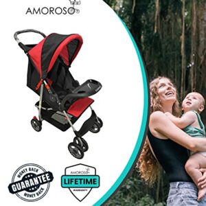 AmorosO Single Stroller - Baby Stroller with Four Wheels - Lightweight Stroller - Convertible Stroller with Extra Storage Space - Foldable Stroller with Sun Protection Hood Cover Red