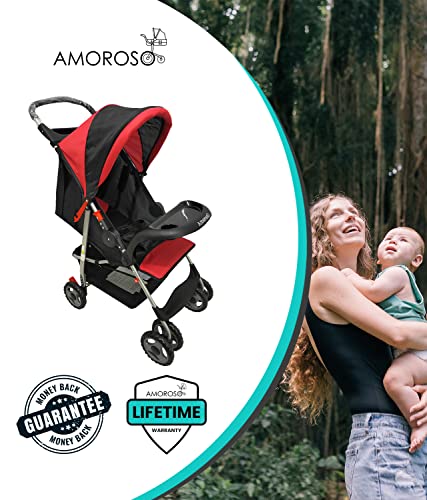 AmorosO Single Stroller - Baby Stroller with Four Wheels - Lightweight Stroller - Convertible Stroller with Extra Storage Space - Foldable Stroller with Sun Protection Hood Cover Red