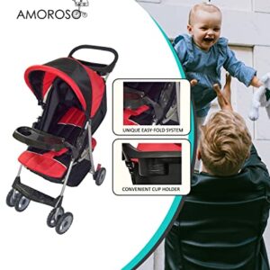 AmorosO Single Stroller - Baby Stroller with Four Wheels - Lightweight Stroller - Convertible Stroller with Extra Storage Space - Foldable Stroller with Sun Protection Hood Cover Red