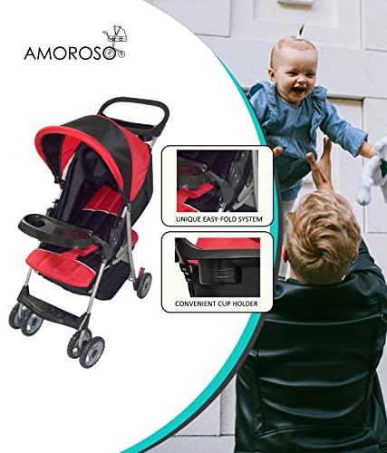 AmorosO Single Stroller - Baby Stroller with Four Wheels - Lightweight Stroller - Convertible Stroller with Extra Storage Space - Foldable Stroller with Sun Protection Hood Cover Red