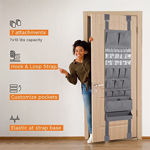 Over The Door Hanging Organizer Storage Wall Mount Premium Durable with 7 Unique Large Pockets Customizable Metal Door Hooks 17” Wide * 73” Long Closet Organizer Office Home Easy to Setup Grey