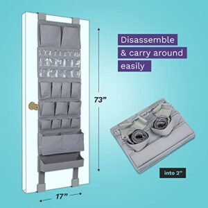 Over The Door Hanging Organizer Storage Wall Mount Premium Durable with 7 Unique Large Pockets Customizable Metal Door Hooks 17” Wide * 73” Long Closet Organizer Office Home Easy to Setup Grey