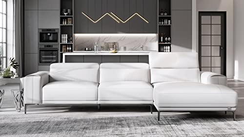 Zuri Furniture Rousso Leather Sectional with Ratcheting Headrests and Right Chaise in White