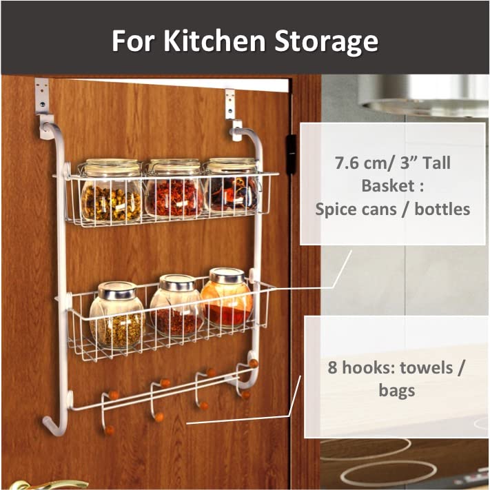 Over Door Organizer Wall Mounted Sturdy 2-tier Bathroom Storage Baskets with 8pcs Towel Wood Hooks Decor Pantry Kitchen Spice Back Hanging Metal Rack Closet Shelving Organizers , 17.5" (W) X 25" (H)