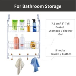 Over Door Organizer Wall Mounted Sturdy 2-tier Bathroom Storage Baskets with 8pcs Towel Wood Hooks Decor Pantry Kitchen Spice Back Hanging Metal Rack Closet Shelving Organizers , 17.5" (W) X 25" (H)