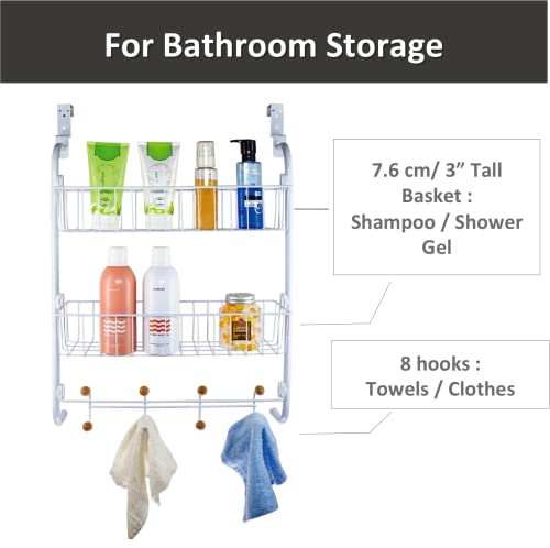 Over Door Organizer Wall Mounted Sturdy 2-tier Bathroom Storage Baskets with 8pcs Towel Wood Hooks Decor Pantry Kitchen Spice Back Hanging Metal Rack Closet Shelving Organizers , 17.5" (W) X 25" (H)