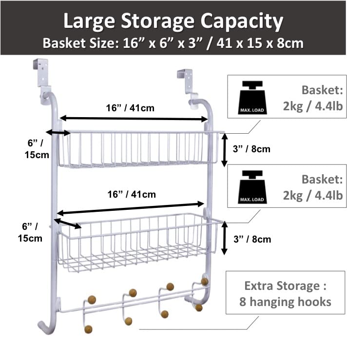 Over Door Organizer Wall Mounted Sturdy 2-tier Bathroom Storage Baskets with 8pcs Towel Wood Hooks Decor Pantry Kitchen Spice Back Hanging Metal Rack Closet Shelving Organizers , 17.5" (W) X 25" (H)