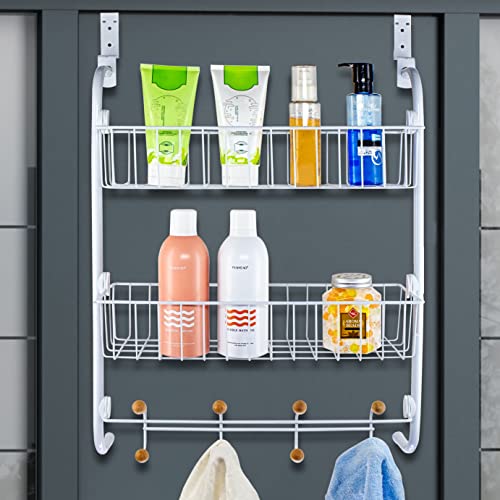 Over Door Organizer Wall Mounted Sturdy 2-tier Bathroom Storage Baskets with 8pcs Towel Wood Hooks Decor Pantry Kitchen Spice Back Hanging Metal Rack Closet Shelving Organizers , 17.5" (W) X 25" (H)