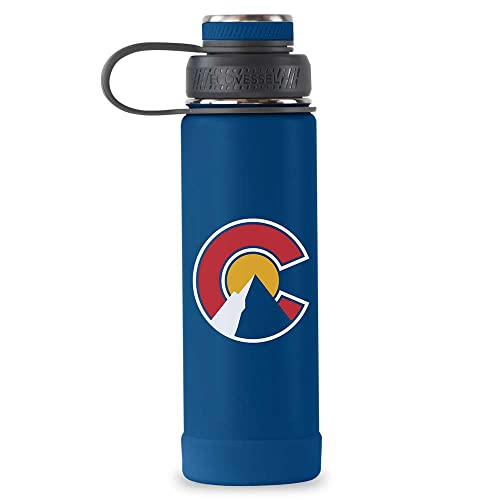 EcoVessel Stainless Steel Water Bottle with Insulated Dual Lid, Insulated Water Bottle with Strainer and Silicone Bottle Bumper, Coffee Mug – 20oz (Navy-Colorado)