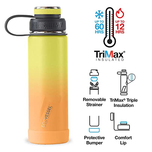 EcoVessel Stainless Steel Water Bottle with Insulated Dual Lid, Insulated Water Bottle with Strainer and Silicone Bottle Bumper, Coffee Mug – 20oz (Navy-Colorado)