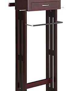 Proman Products Norstar Suit Valet Stand VL36245 with Detachable Hanger, Trouser Bar, Tie Bars, Mirror Tray & Drawer, 20”W x 15” D x 49”H, Mahogany