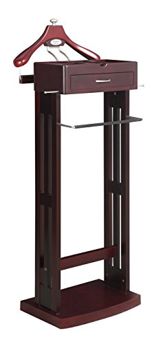 Proman Products Norstar Suit Valet Stand VL36245 with Detachable Hanger, Trouser Bar, Tie Bars, Mirror Tray & Drawer, 20”W x 15” D x 49”H, Mahogany