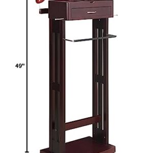 Proman Products Norstar Suit Valet Stand VL36245 with Detachable Hanger, Trouser Bar, Tie Bars, Mirror Tray & Drawer, 20”W x 15” D x 49”H, Mahogany