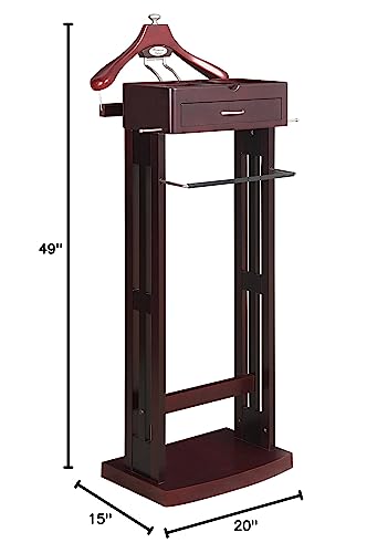 Proman Products Norstar Suit Valet Stand VL36245 with Detachable Hanger, Trouser Bar, Tie Bars, Mirror Tray & Drawer, 20”W x 15” D x 49”H, Mahogany