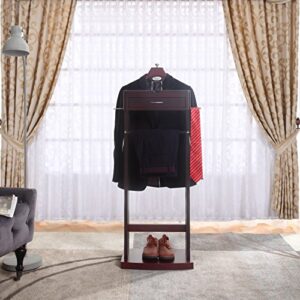 Proman Products Norstar Suit Valet Stand VL36245 with Detachable Hanger, Trouser Bar, Tie Bars, Mirror Tray & Drawer, 20”W x 15” D x 49”H, Mahogany