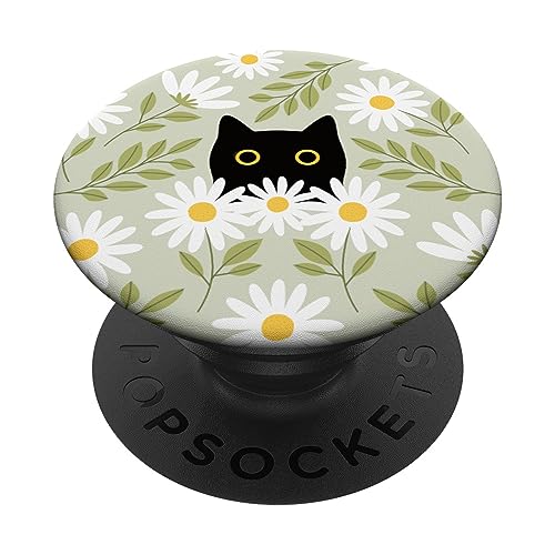 Cute Daisy Flower Floral Aesthetic Black Cat Sage Green PopSockets Swappable PopGrip