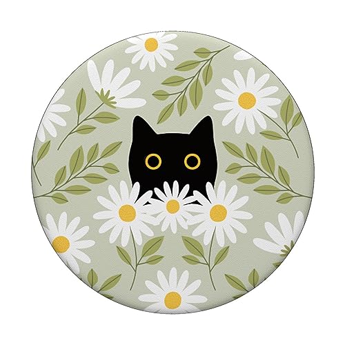 Cute Daisy Flower Floral Aesthetic Black Cat Sage Green PopSockets Swappable PopGrip