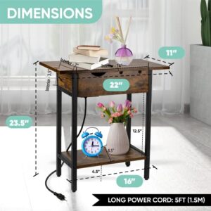 Hula Home Narrow End Table for Small Spaces with Charging Station (USB-C, USB, & Outlet) Flip Top | Living Room Storage Shelf, USB Ports & Power Outlets, Bedside Tables, Bedroom (Brown)