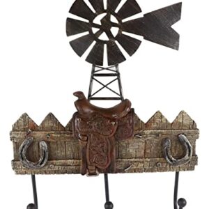 Ebros Gift Rustic Western Agricultural Windmill with Cowboy Barn Horseshoes and Saddle 3 Peg Hook Coat Key Hat Leash Backpack Wall Hanging Hooks Country Farm Decorative Organizer