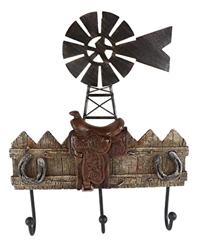 Ebros Gift Rustic Western Agricultural Windmill with Cowboy Barn Horseshoes and Saddle 3 Peg Hook Coat Key Hat Leash Backpack Wall Hanging Hooks Country Farm Decorative Organizer