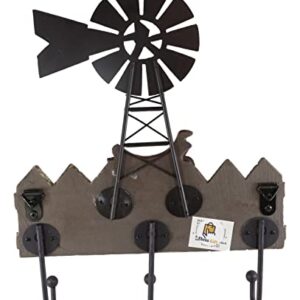 Ebros Gift Rustic Western Agricultural Windmill with Cowboy Barn Horseshoes and Saddle 3 Peg Hook Coat Key Hat Leash Backpack Wall Hanging Hooks Country Farm Decorative Organizer