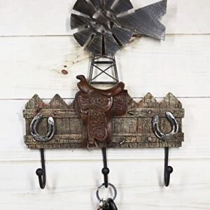 Ebros Gift Rustic Western Agricultural Windmill with Cowboy Barn Horseshoes and Saddle 3 Peg Hook Coat Key Hat Leash Backpack Wall Hanging Hooks Country Farm Decorative Organizer