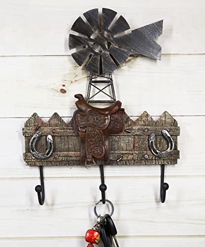 Ebros Gift Rustic Western Agricultural Windmill with Cowboy Barn Horseshoes and Saddle 3 Peg Hook Coat Key Hat Leash Backpack Wall Hanging Hooks Country Farm Decorative Organizer