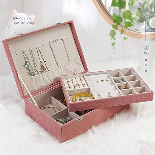 ZZYINH AN207 Crytal Velvet Jewlery Box Double Layer Large Capacity Jewelry Box Ear Stud Necklace Bracelet Flannel Ornament Box Small Jewelry (Color : Pink)