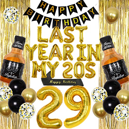 29th Birthday Decorations for Men Women, Gold Last Year In My 20s Banner, Cheers to 29 Years Old Birthday Decor with Whiskey Balloon, Number 29 Foil Balloons, Happy Birthday Sash