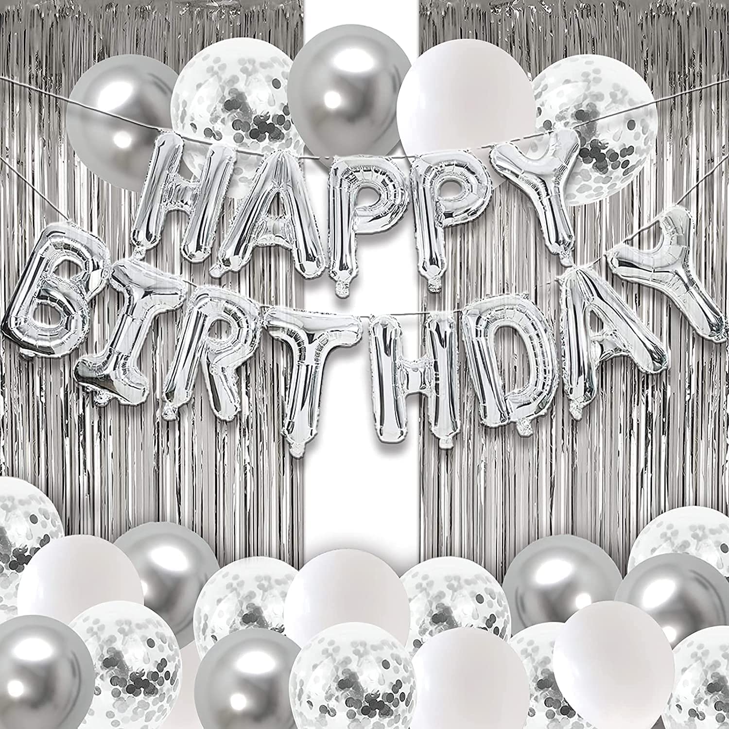 Silver Birthday Party Decoration, White Silver Confetti Latex Balloons, Silver Happy Birthday Balloons Banner with 2Pcs Silver Foil Fringe Curtains, Birthday Decorations for Women Girls Men