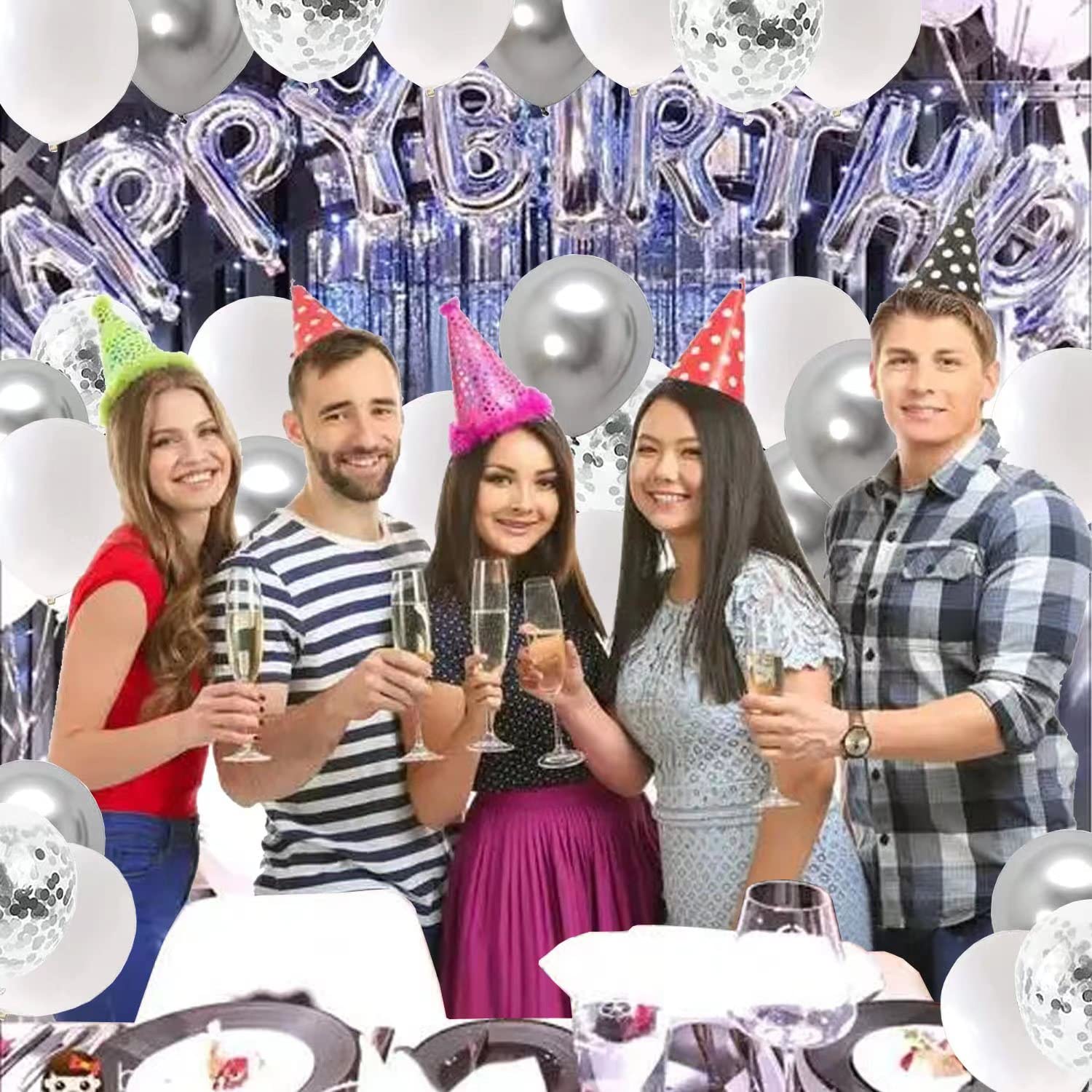 Silver Birthday Party Decoration, White Silver Confetti Latex Balloons, Silver Happy Birthday Balloons Banner with 2Pcs Silver Foil Fringe Curtains, Birthday Decorations for Women Girls Men