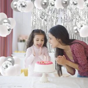 Silver Birthday Party Decoration, White Silver Confetti Latex Balloons, Silver Happy Birthday Balloons Banner with 2Pcs Silver Foil Fringe Curtains, Birthday Decorations for Women Girls Men