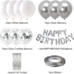 Silver Birthday Party Decoration, White Silver Confetti Latex Balloons, Silver Happy Birthday Balloons Banner with 2Pcs Silver Foil Fringe Curtains, Birthday Decorations for Women Girls Men