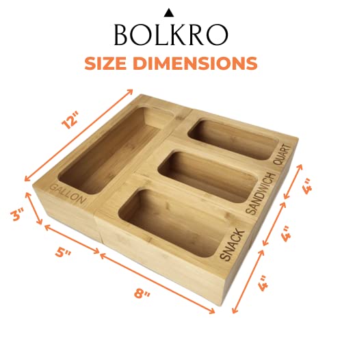 BOLKRO Ziplock Bag Organizer - MOSO Bamboo Plastic Zip Lock Bags Holder for Kitchen Drawer & Storage - For Gallon, Quart, Sandwich and Snack Size Baggie - Compatible with Ziploc, Solimo, Glad, Hefty