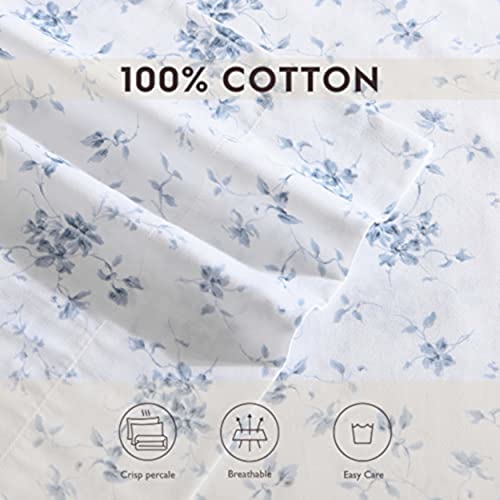 Laura Ashley Home - King Sheets, Soft Sateen Cotton Bedding Set - Sleek, Smooth, & Breathable Home Decor, Garden Muse Blue