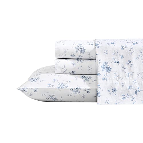 Laura Ashley Home - King Sheets, Soft Sateen Cotton Bedding Set - Sleek, Smooth, & Breathable Home Decor, Garden Muse Blue