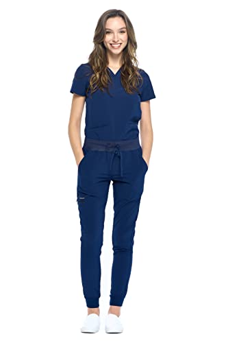 Dagacci Medical Uniform Women and Men Unisex 4-Way Stretch Jogger Scrub Set, Navy, M