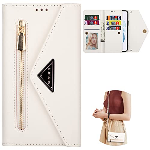 CCSamll Wallet Case for Samsung Galaxy S22+ Plus (Not S22), Crossbody Neck Strap Lanyard Purse Handbag Shoulder Strap Cover with ID Card Holder Phone Case for Samsung Galaxy S22 Plus XK White