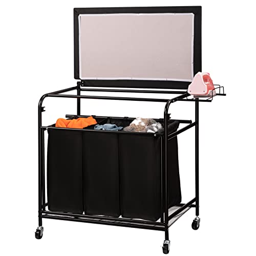 ALIMORDEN Laundry Sorter with Folding Ironing Board Iron Rack, Laundry Hamper Organizer with Sturdy 3 Clothes Bags and 4 Wheels for Laundry Room Black