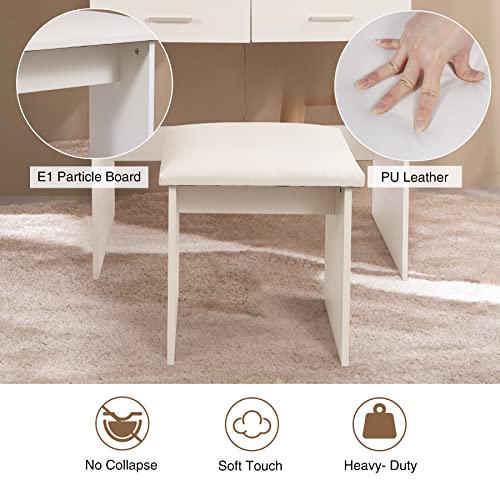 AKVOMBI White Vanity Desk with Lights, 31inch Makeup Vanity with Mirror and 2 Drawers, Vanity Table Set with Cushioned Stool for Bedroom (12 LED Lights)