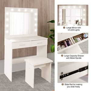 AKVOMBI White Vanity Desk with Lights, 31inch Makeup Vanity with Mirror and 2 Drawers, Vanity Table Set with Cushioned Stool for Bedroom (12 LED Lights)