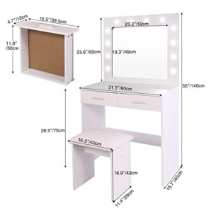 AKVOMBI White Vanity Desk with Lights, 31inch Makeup Vanity with Mirror and 2 Drawers, Vanity Table Set with Cushioned Stool for Bedroom (12 LED Lights)