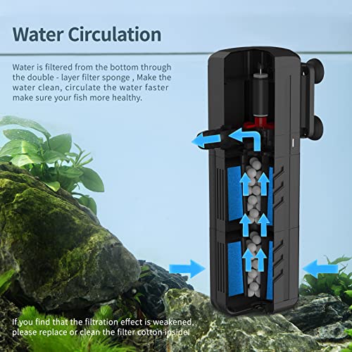 CHERLAM Submersible Aquarium Filter, 12W Internal Aquarium Filter, Adjustable Fish Tank Filter with Biological Filtration 320 GPH Water Pump for 50-150 Gal Fish Tank, Pond